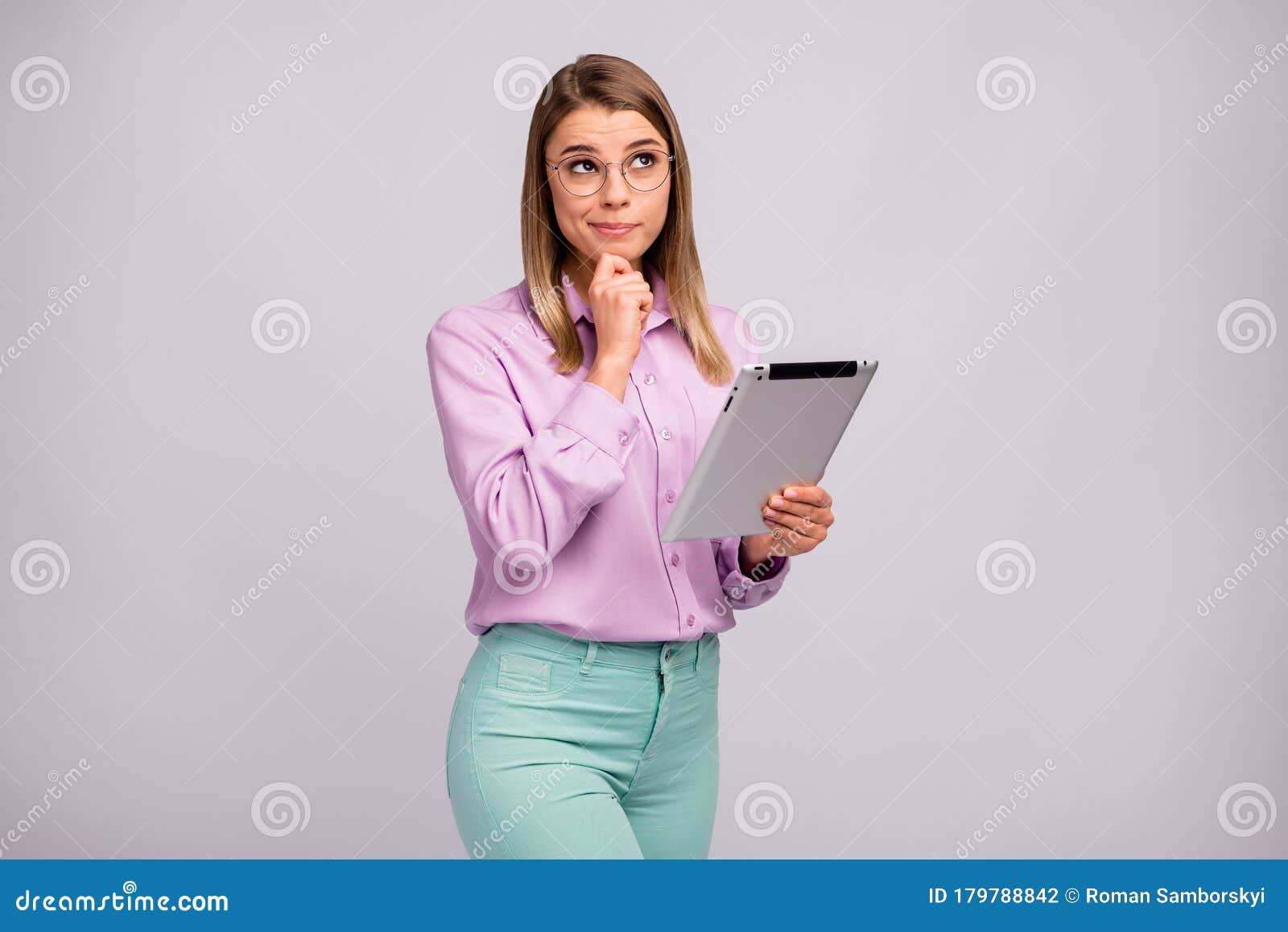 Portrait of Minded Pensive Manager Girl Work Tablet Have Difficult ...