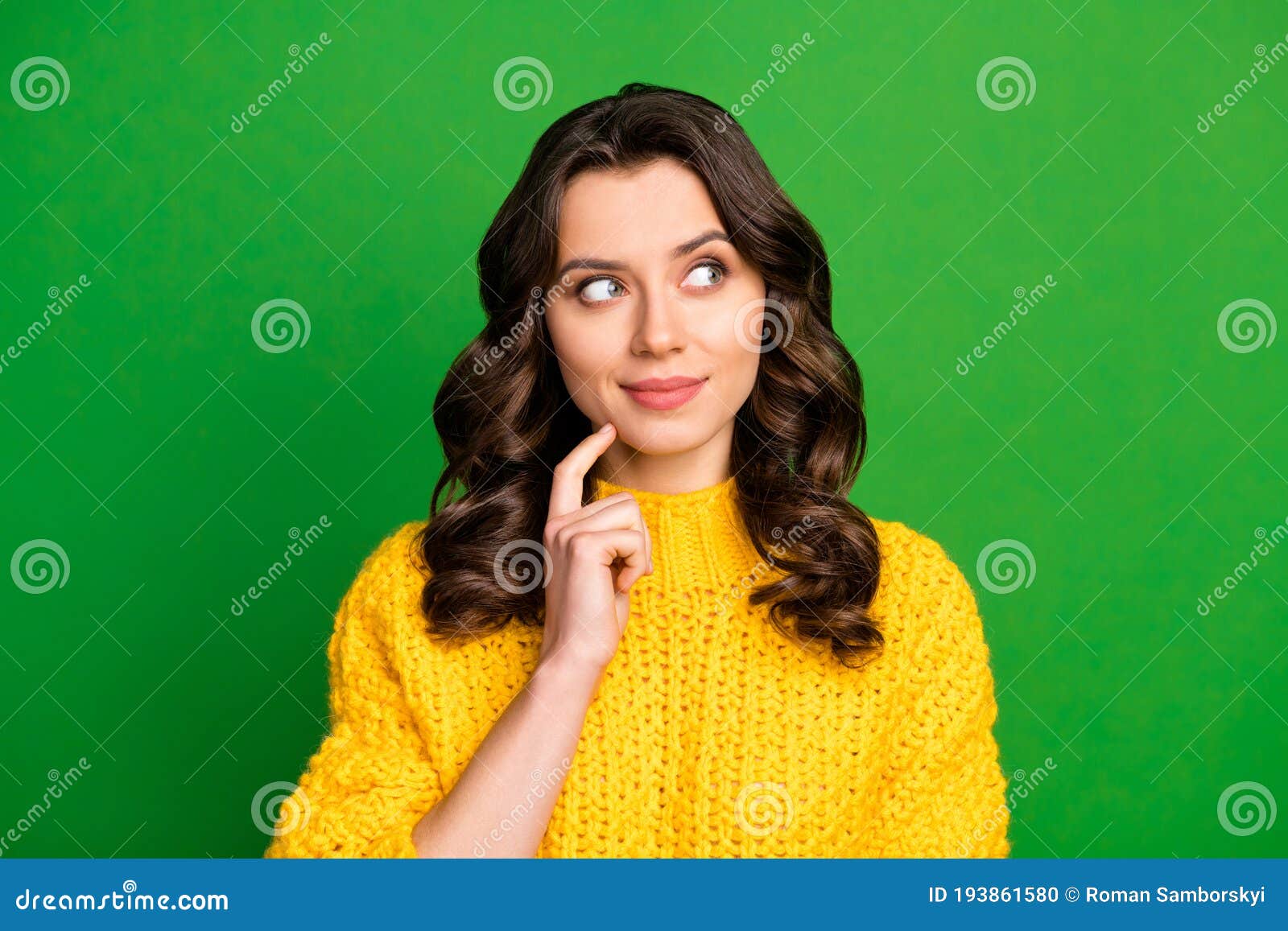 Portrait Of Minded Thoughtful Interested Girl Look Copyspace Touch Chin