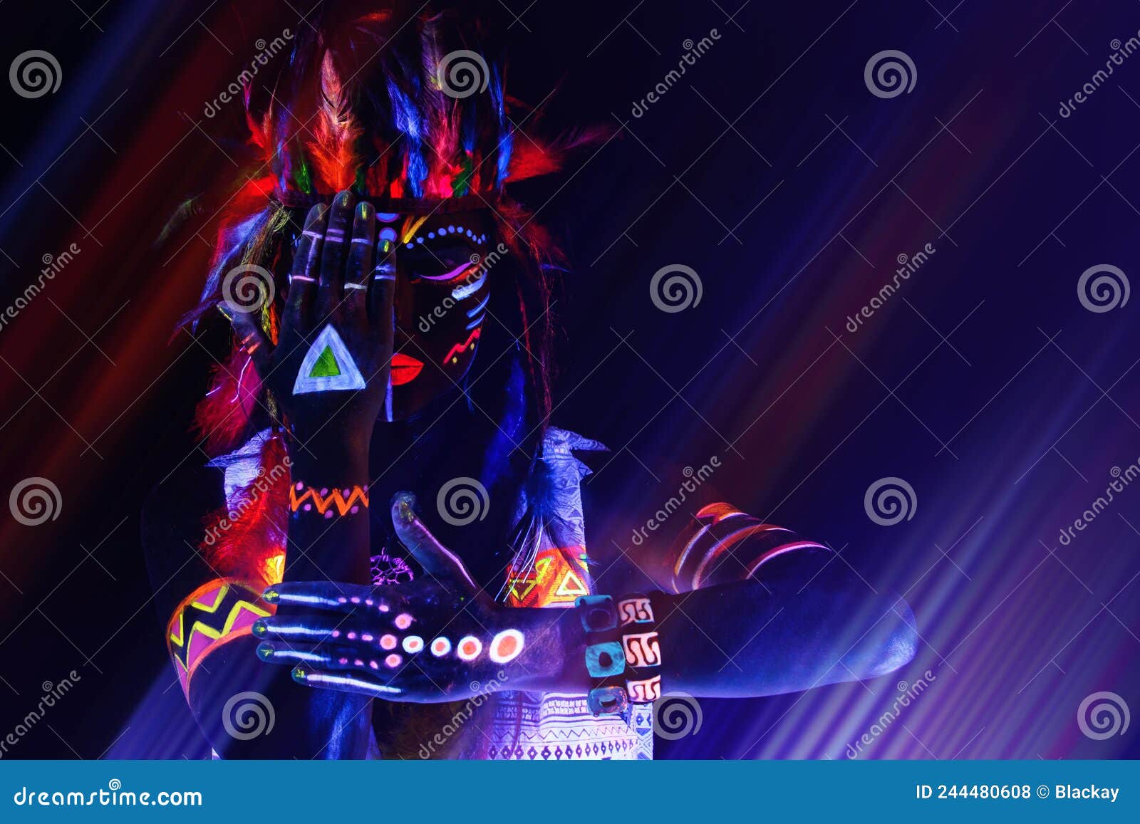 Model in Image of Native American with Neon Makeup, Which Made of ...