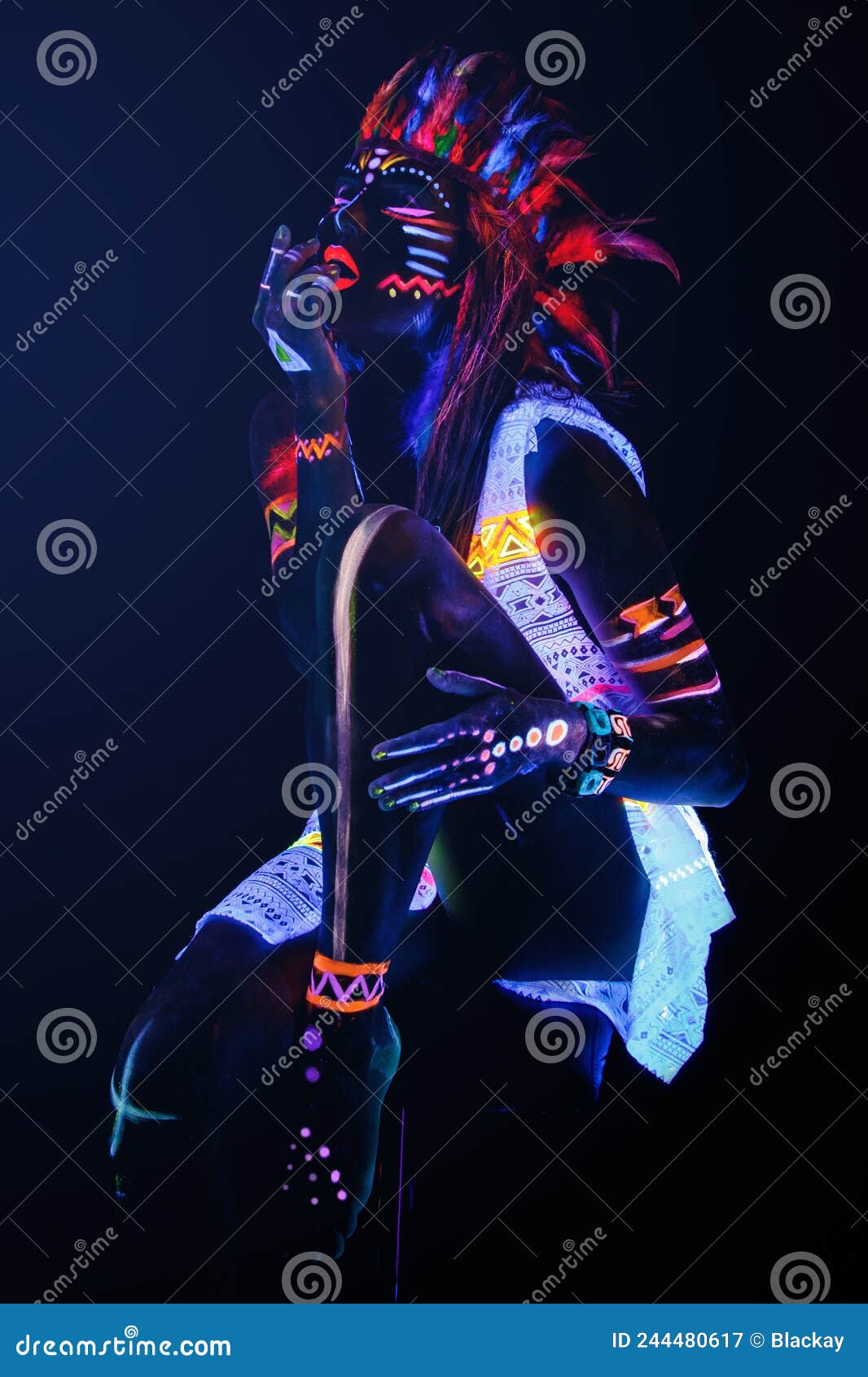 Model in Image of Native American with Neon Makeup, Which Made of ...