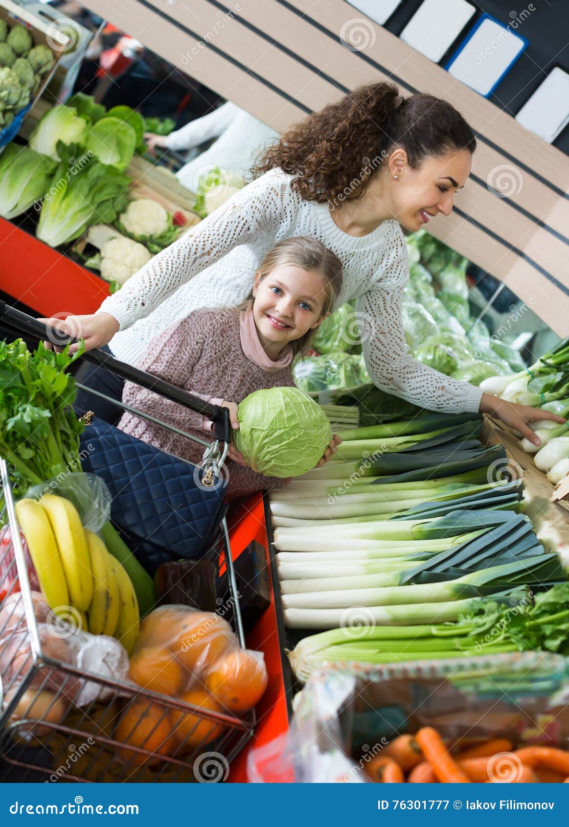Portrait of Mother and Girl Selecting Cabbage Stock Image - Image of ...