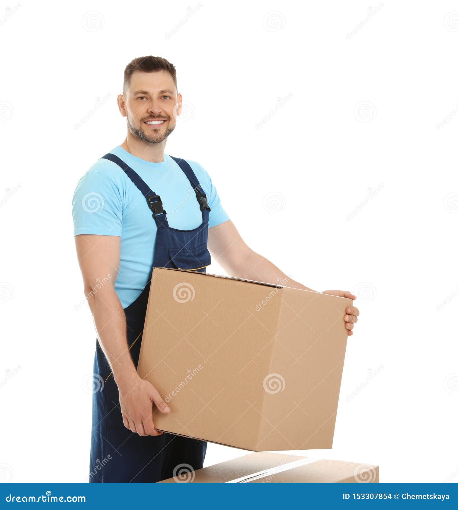 Portrait of Moving Service Employee with Cardboard Box Stock Photo ...