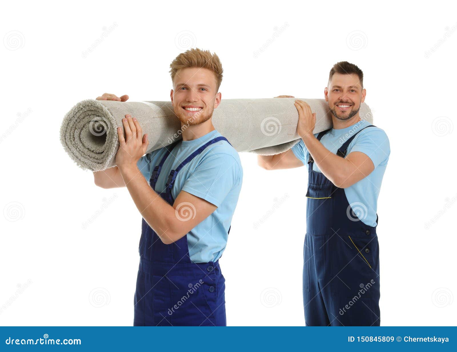 Portrait of Moving Service Employees with Carpet Stock Image - Image of ...