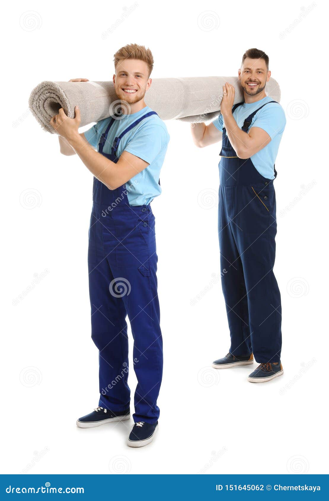 Portrait of Moving Service Employees with Carpet on White Stock Photo ...