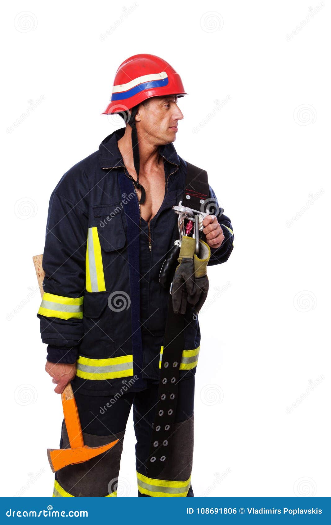 Portrait of Muscle Man in Fireman Uniform Stock Photo - Image of ...