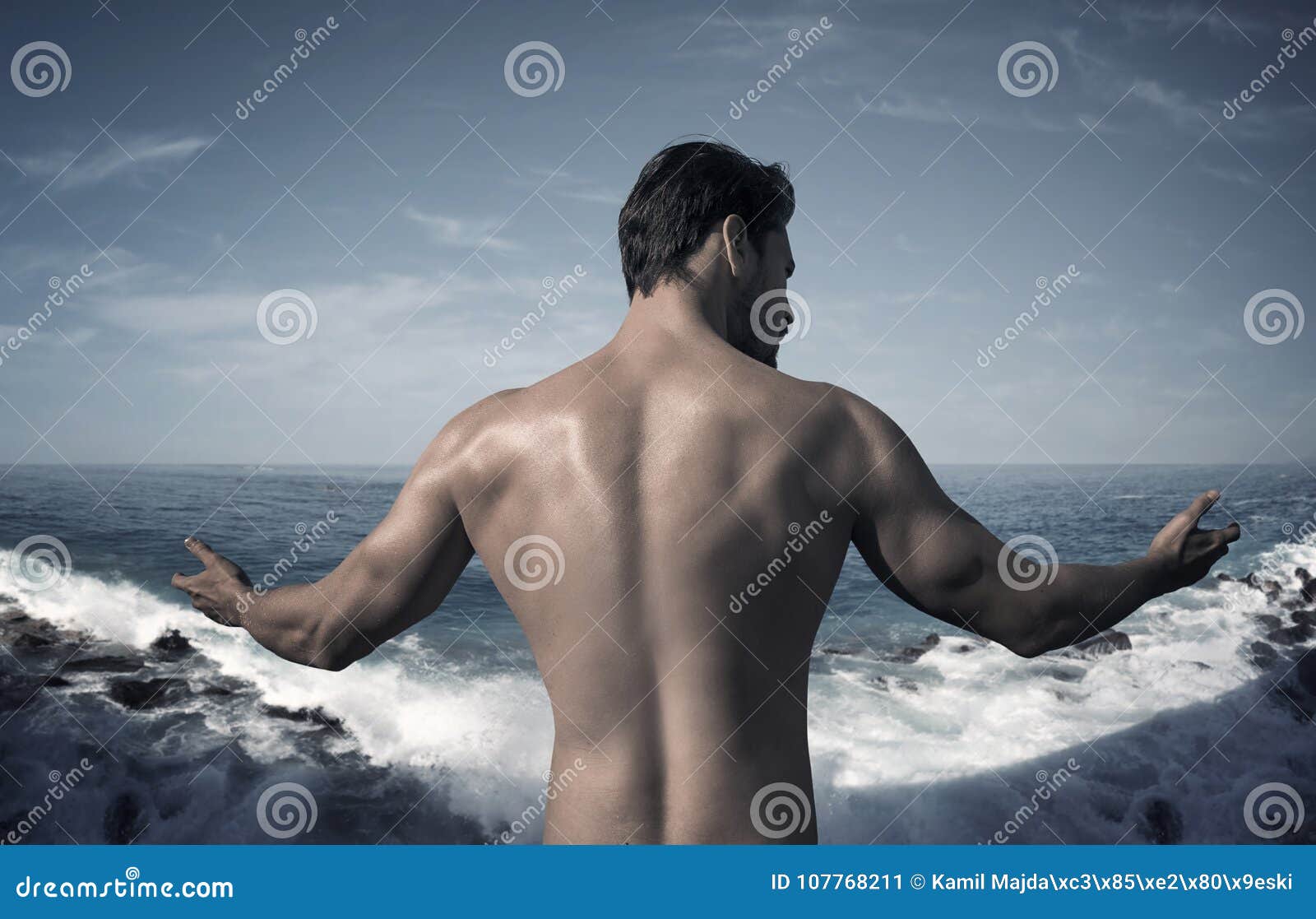 Portrait of a Muscular Man Posing Over the Ocean Stock Image - Image of ...