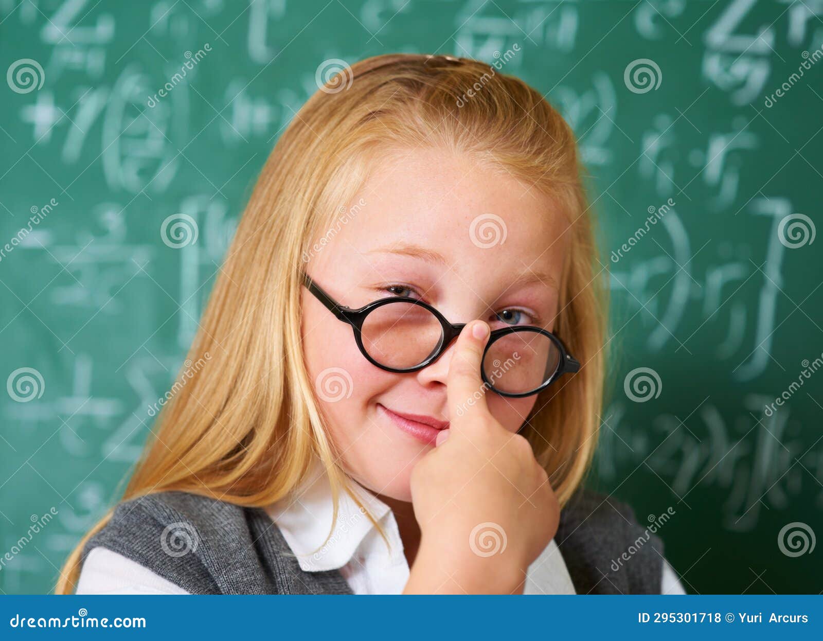 Portrait of Nerd, Glasses and Happy Kid by Chalkboard in Class for ...