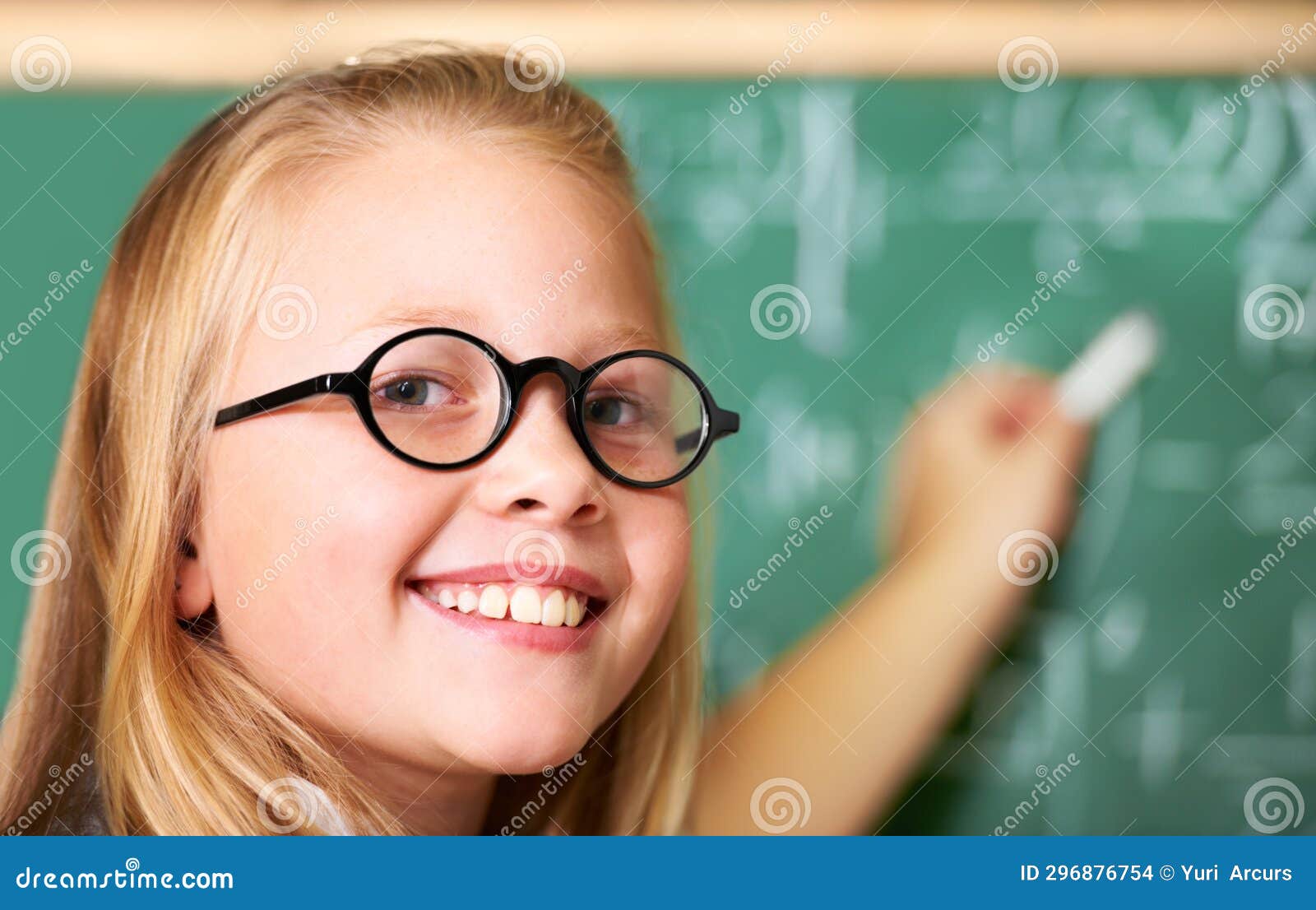 Portrait, Nerd and Happy Kid Writing on Chalkboard in Class for ...