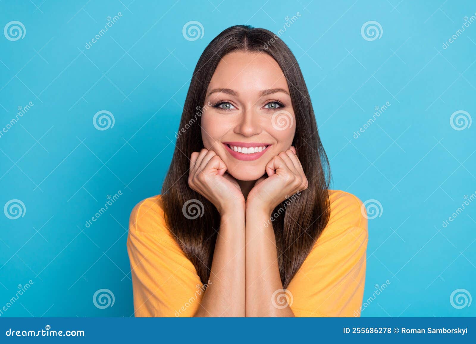 Portrait Of Nice Adorable Good Mood Girl With Straight Hairdo Wear