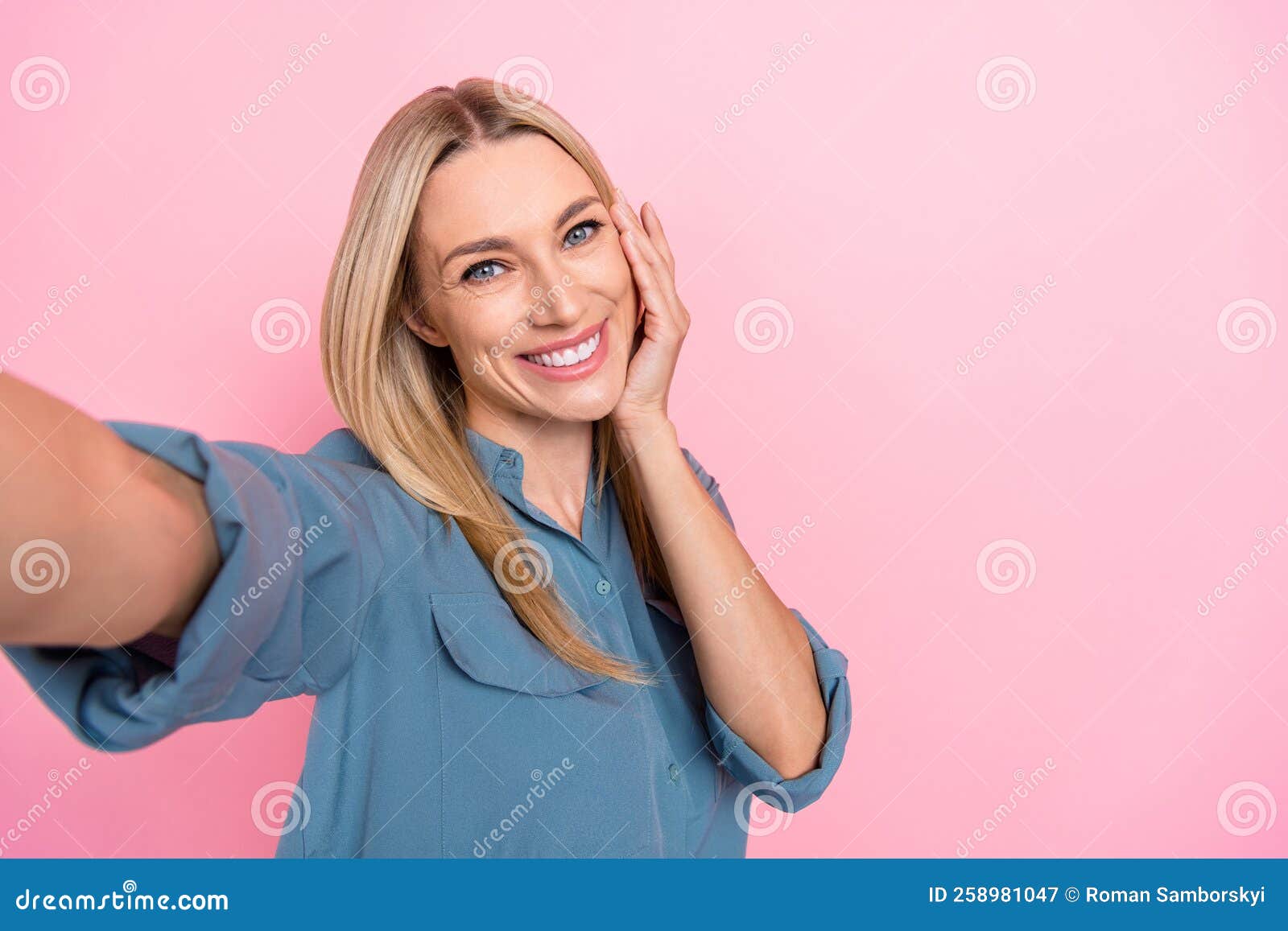Portrait Of Nice Cheerful Adorable Woman With Blond Hair Wear Blue