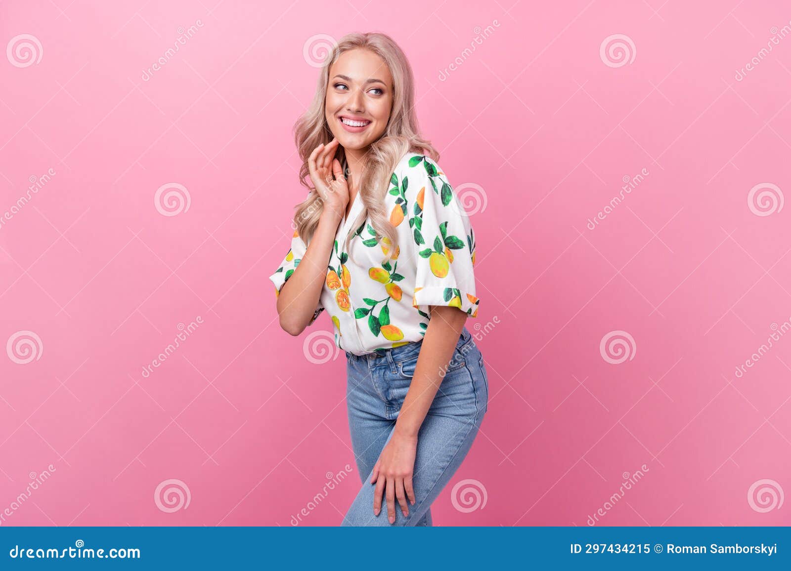 Portrait Of Nice Girlish Woman With Curly Hairdo Wear Stylish Shirt
