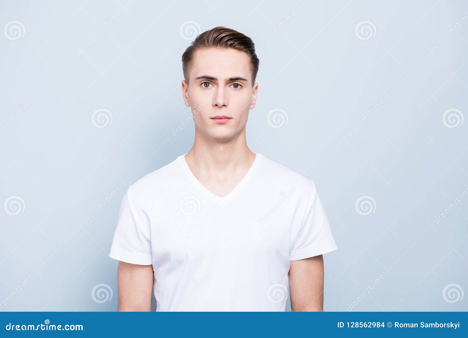 Portrait of Nice, Good-looking Young Man Look at Camera Stand is Stock ...