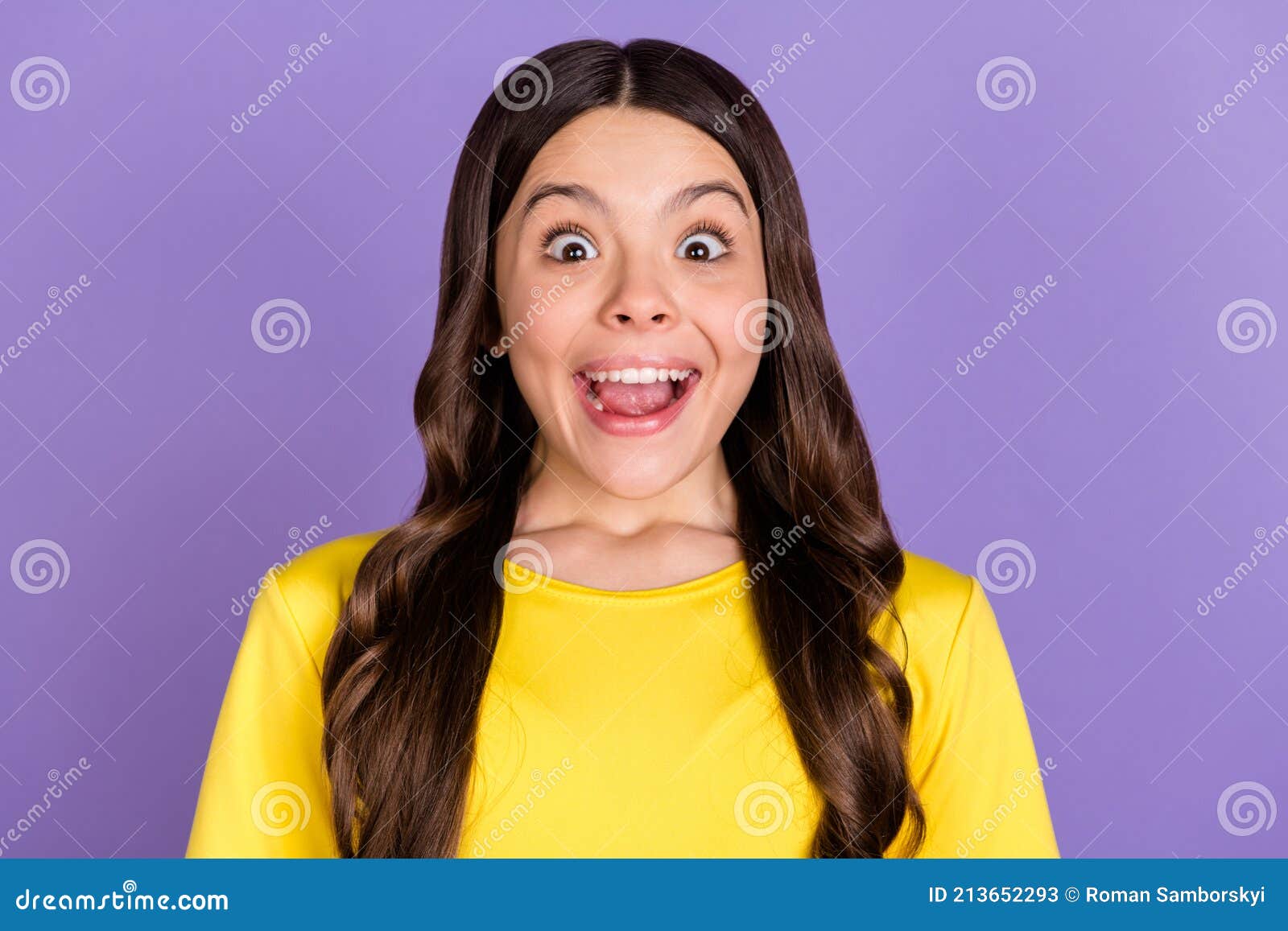 Portrait Of Nice Impressed Brunette Hairdo Girl Wear Yellow T Shirt
