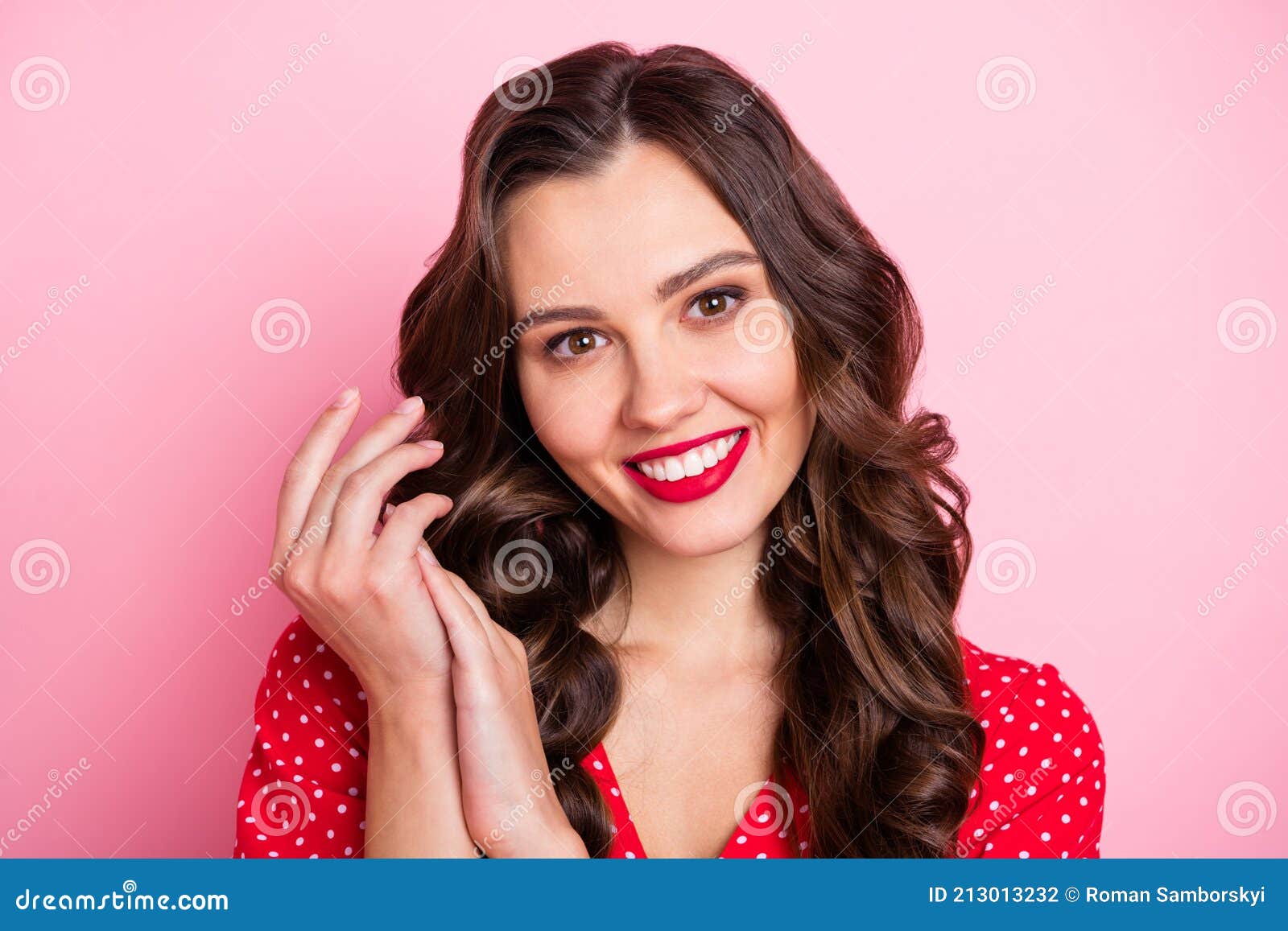 Portrait Of Nice Optimistic Brown Hair Lady Hold Hands Wear Red Dress