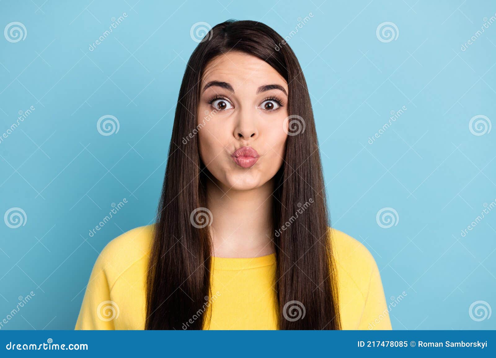 Portrait Of Nice Optimistic Brunette Long Hairdo Lady Blow Kiss Wear