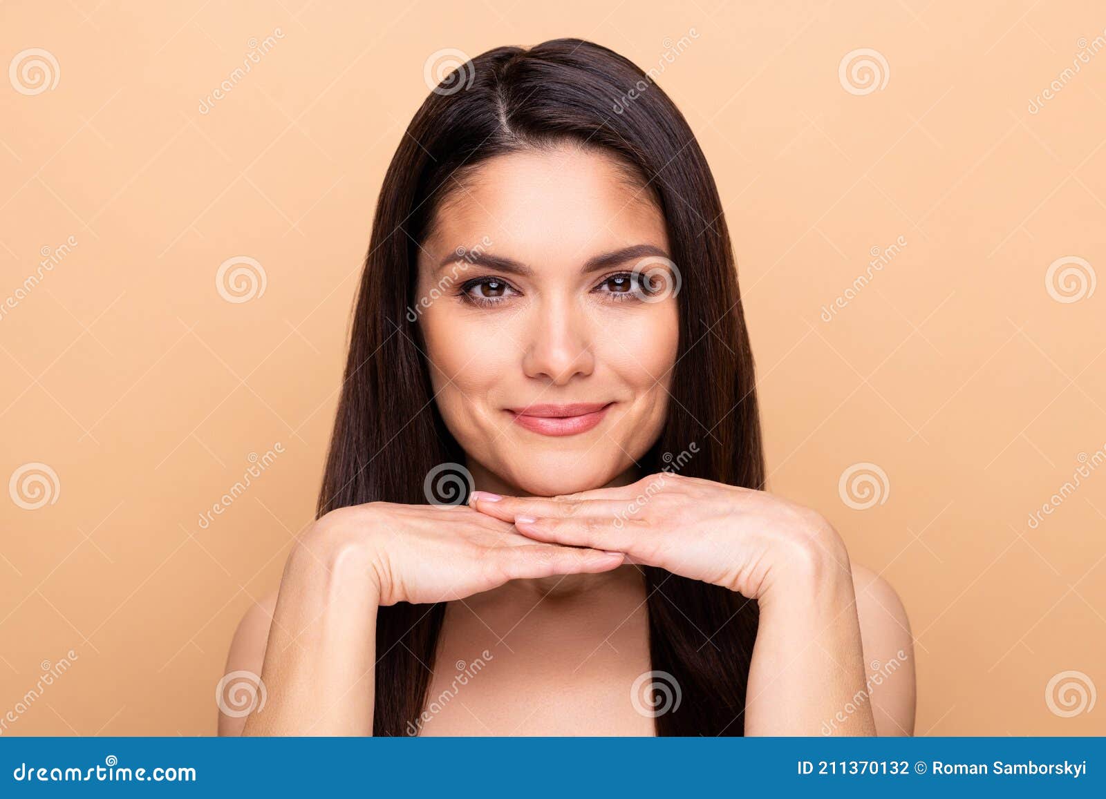 Portrait Of Nice Optimistic Brunette Long Hairdo Lady Hand Face Without