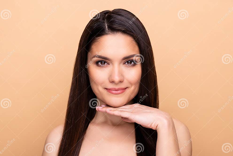 Portrait Of Nice Optimistic Brunette Long Hairdo Lady Hand Face Without