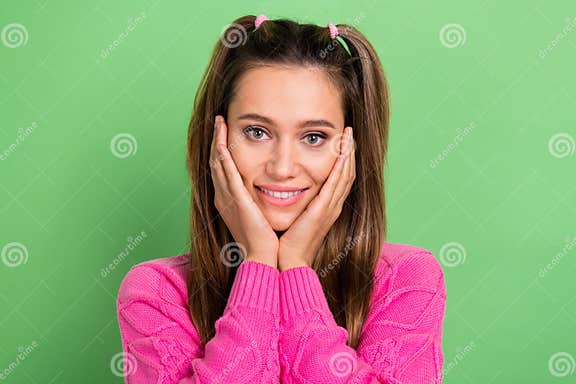 Portrait Of Nice Optimistic Girl With Tails Hairstyle Wear Knit
