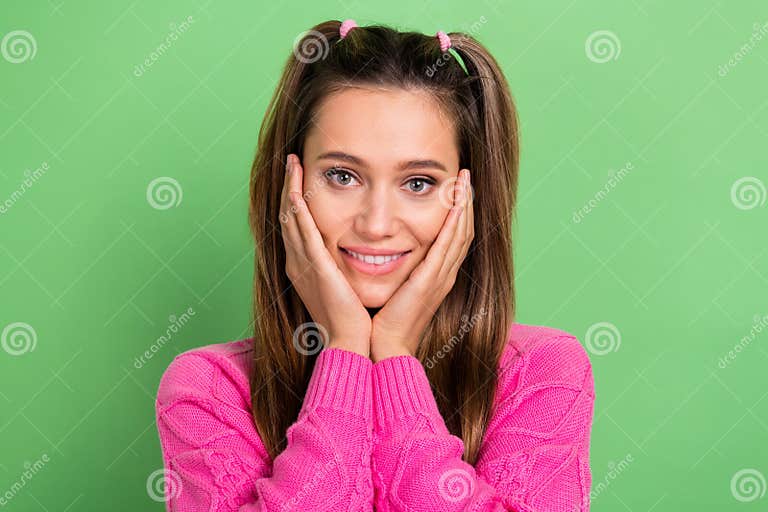 Portrait Of Nice Optimistic Girl With Tails Hairstyle Wear Knit