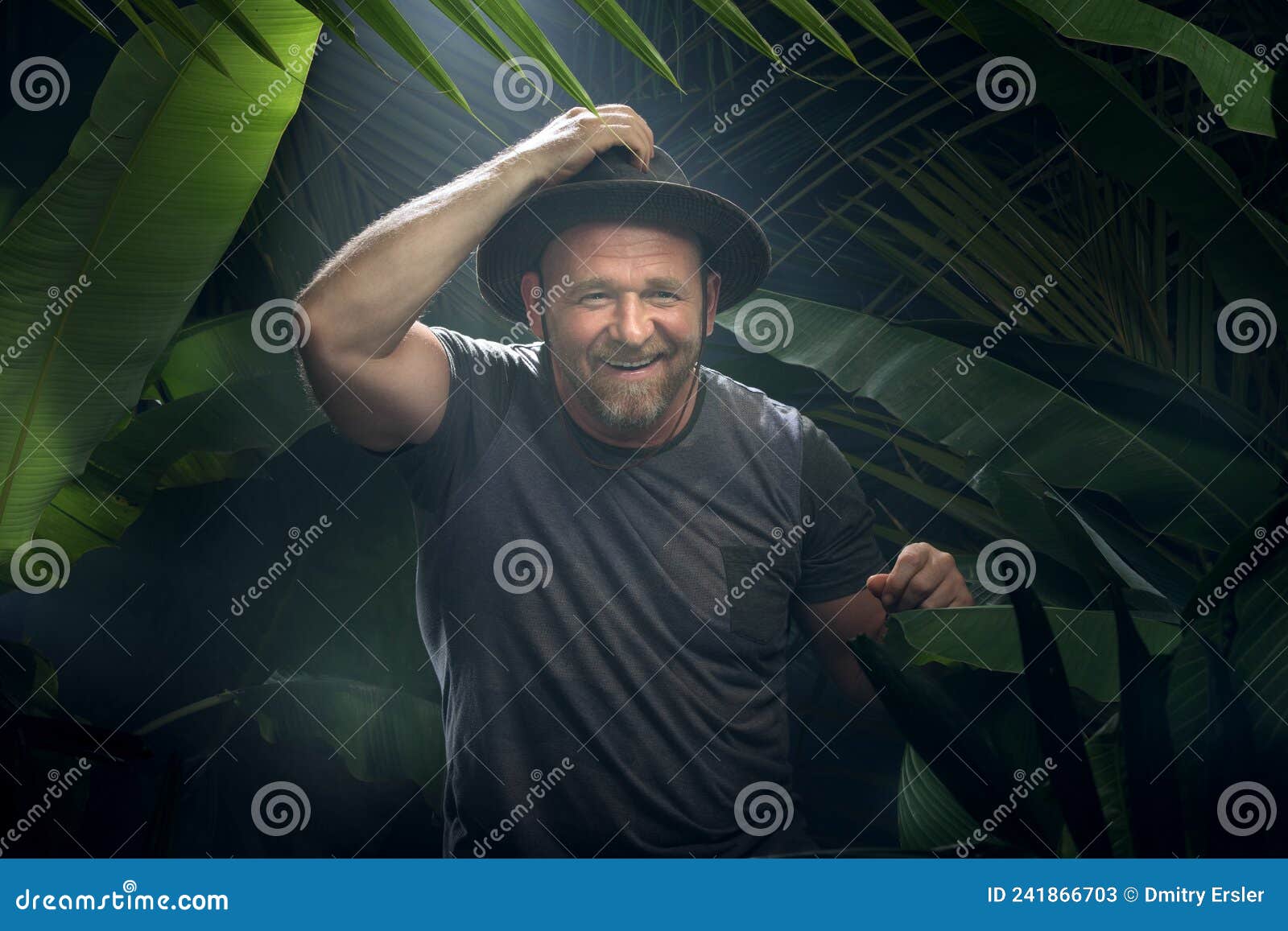 Man in Hat Exploring Jungle Environment Stock Image - Image of equator ...