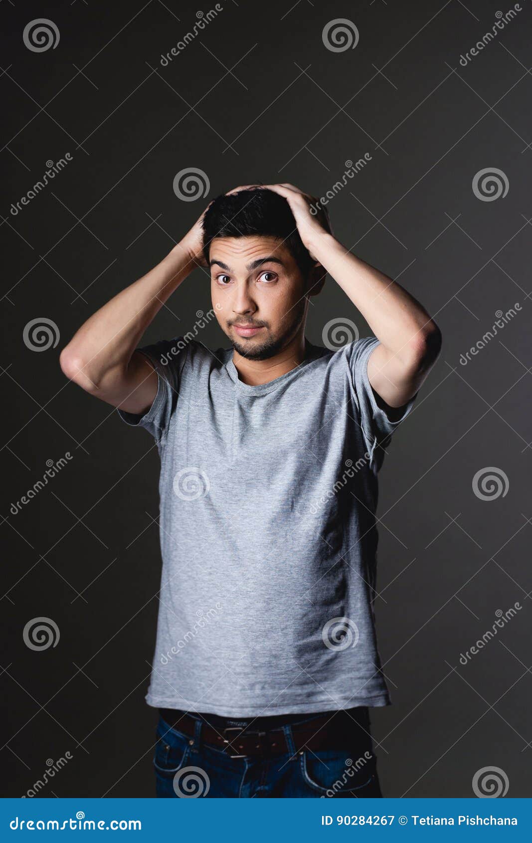 Portrait Of A Normal Boy Over Grey Background. Stock Photography ...