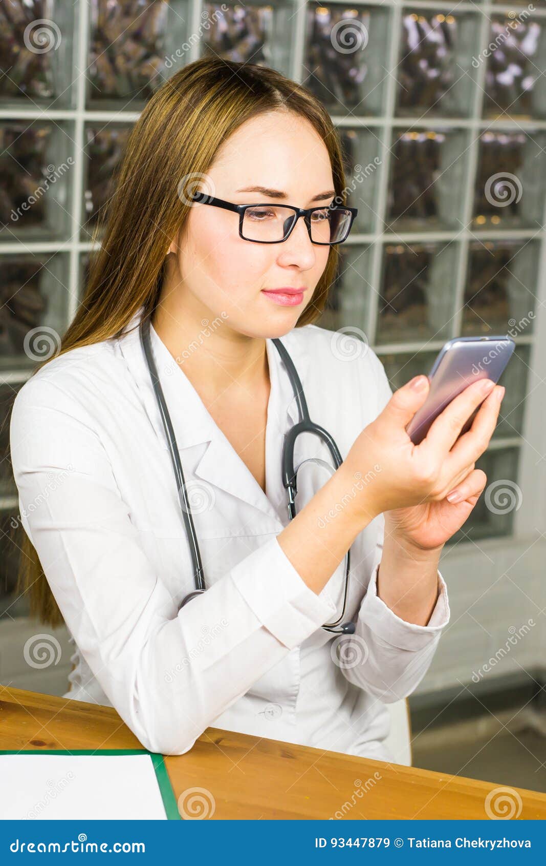 Portrait of Nurse in Office Using Smartphone Stock Image - Image of ...