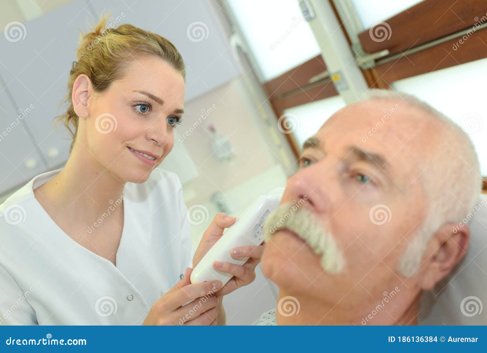 Portrait Nurse Taking Temperature Elderly Person Stock Photo - Image of ...