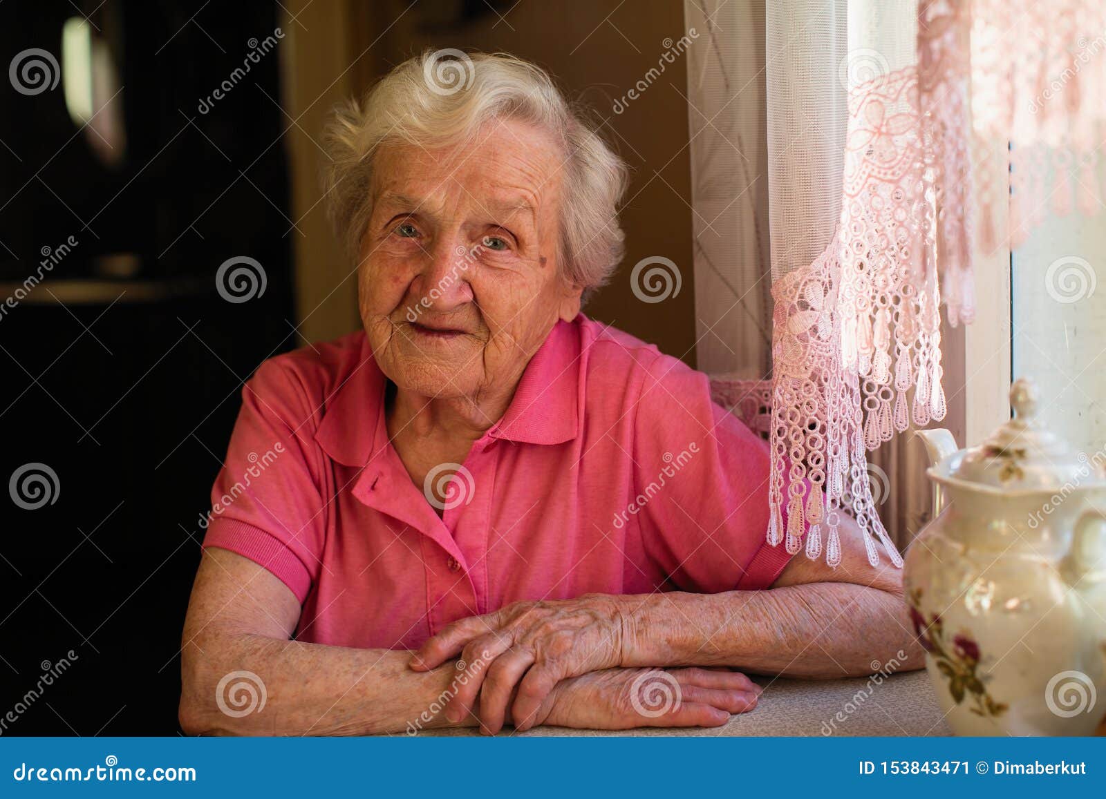 Portrait of Old Happy Woman Sitting at the Table Stock Image - Image of ...