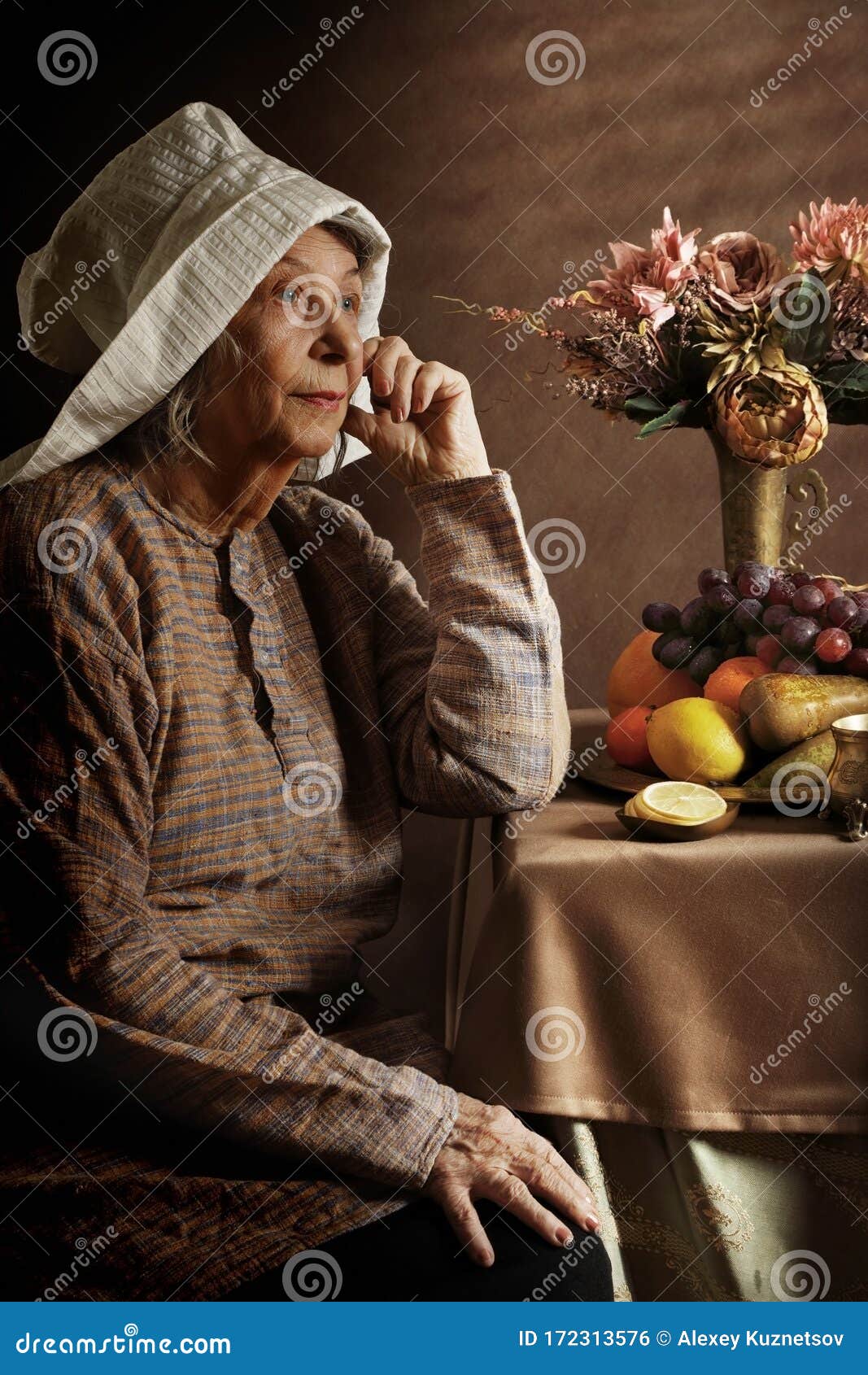 Portrait of an Old Lady in Dutch Style on a Brown Background Stock ...