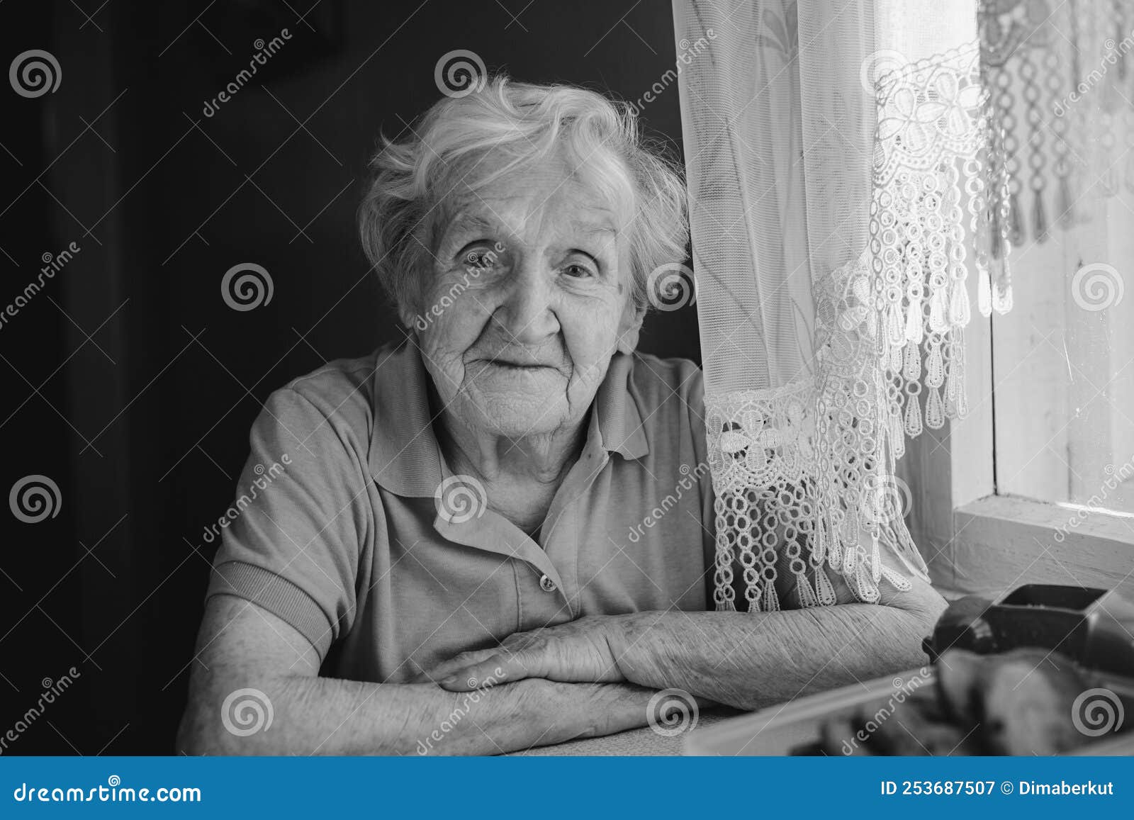 Portrait of Old Woman Sitting at the Table at Home. Stock Image - Image ...