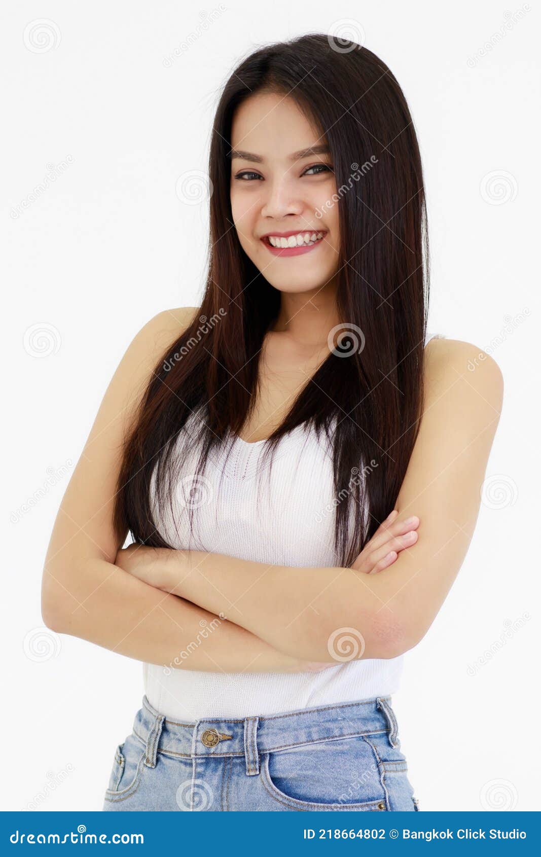 Portrait Of One Asian Adult Woman With Long Black Hair Standing
