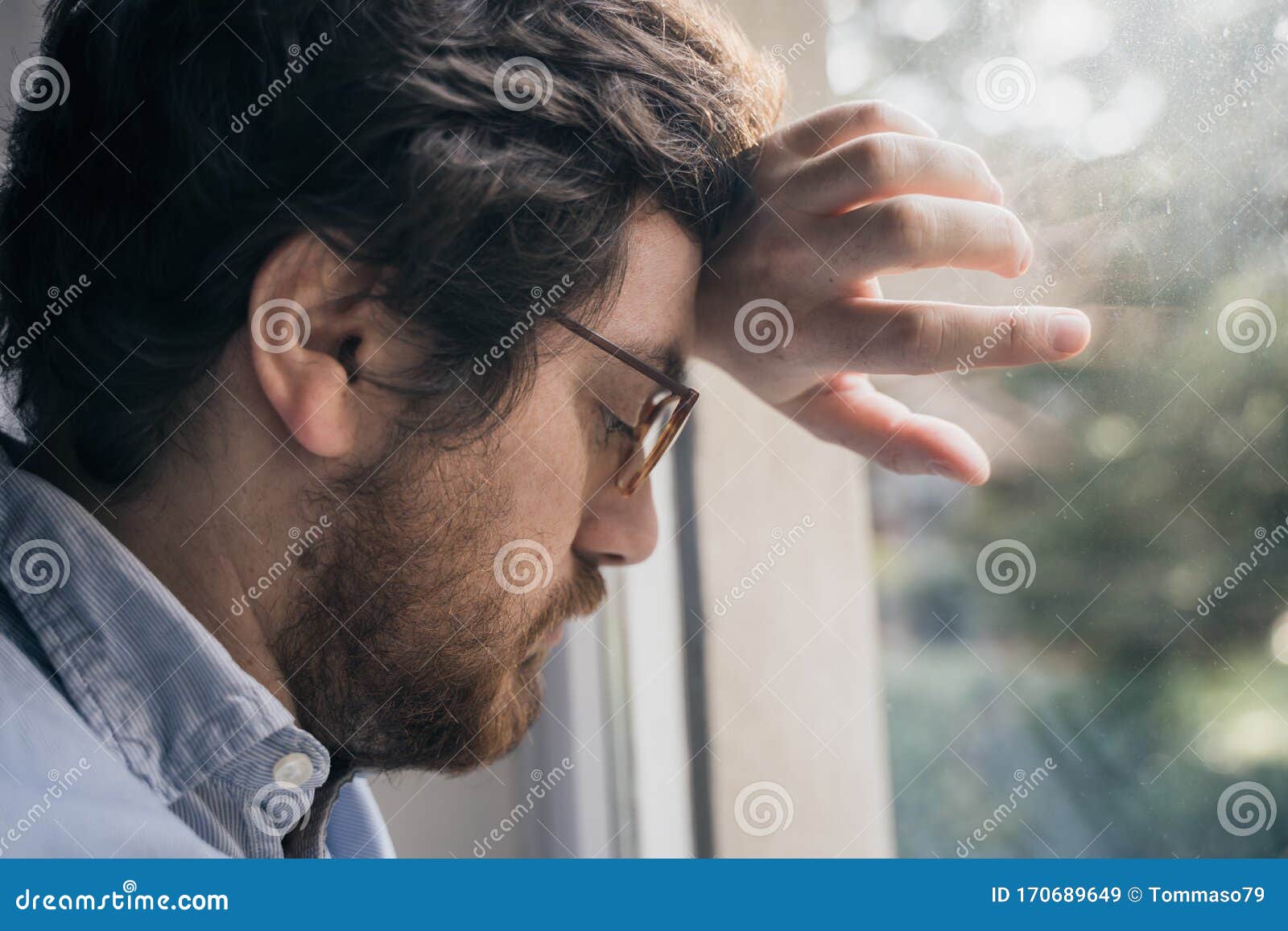 Portrait of One Guy Longing and Looking through Window Stock Image ...