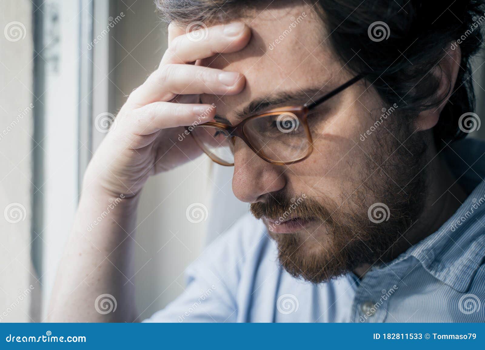 Portrait of One Guy Longing and Looking through Window Stock Image ...