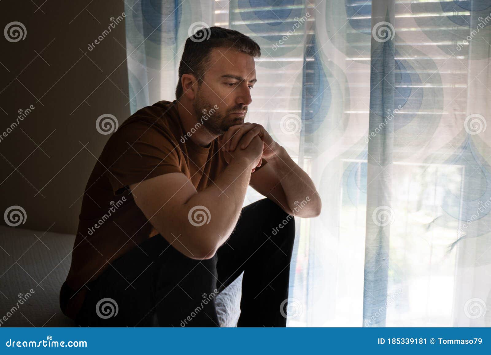 Portrait of One Guy Longing and Looking through Window Stock Image ...