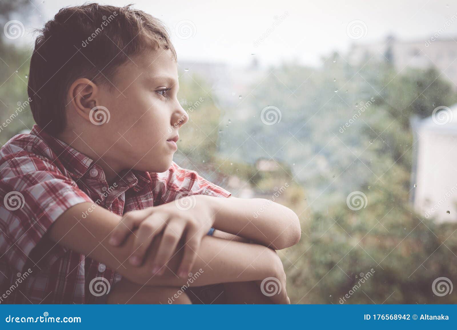 Portrait One Sad Little Boy Sitting Near a Window Stock Photo - Image ...