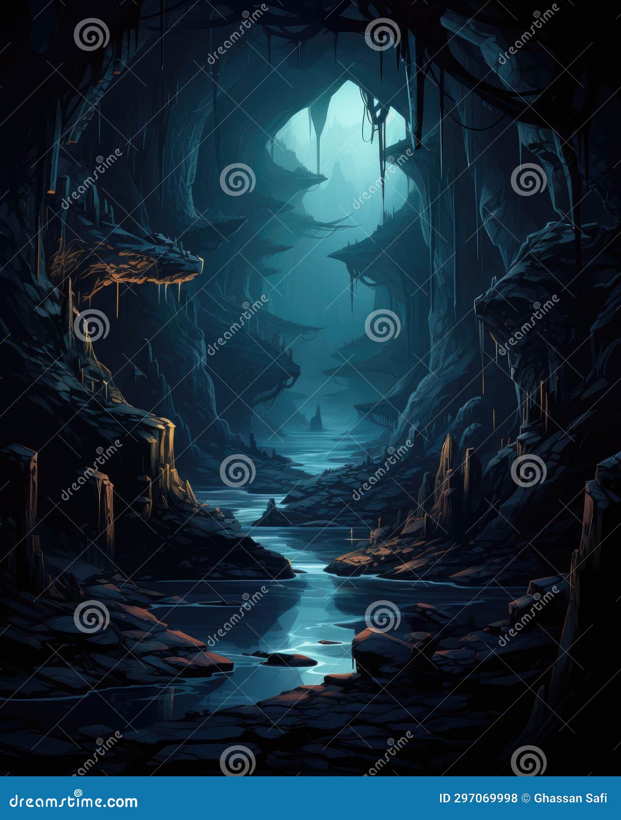 An Open Cave, Cartoon and Gaming Style, with a Misty Atmosphere and Sun ...