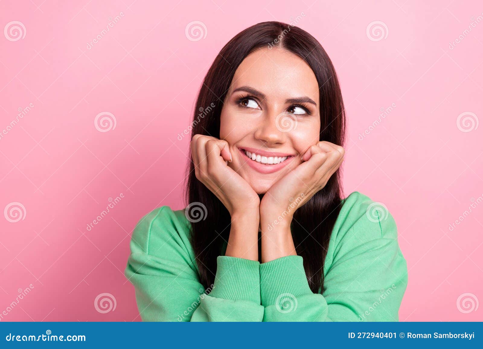 Portrait Of Optimistic Adorable Girl Long Hairdo Wear Green Pullover
