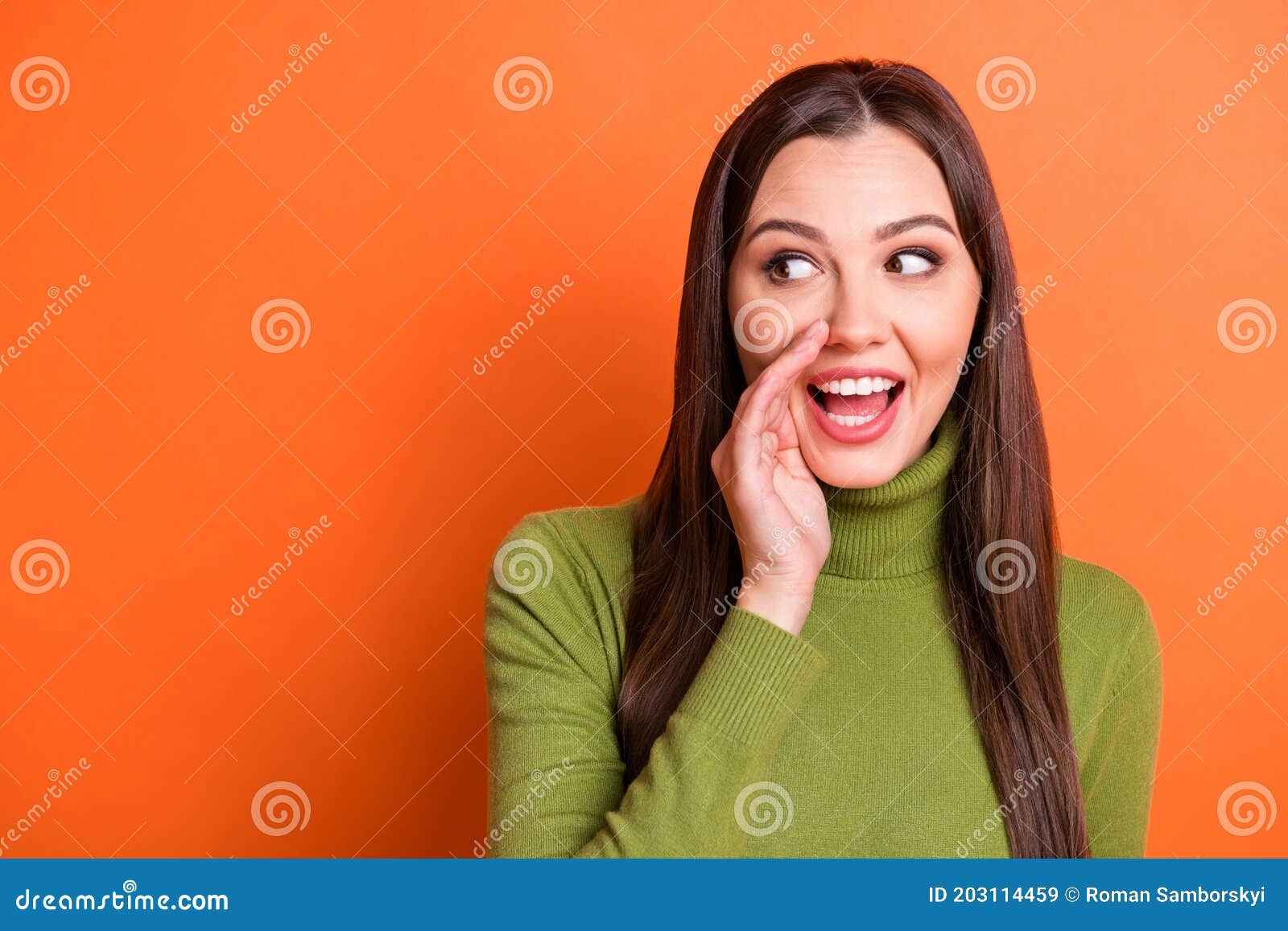 Portrait Of Optimistic Cute Brunette Hairdo Girl Hand Face Look Empty