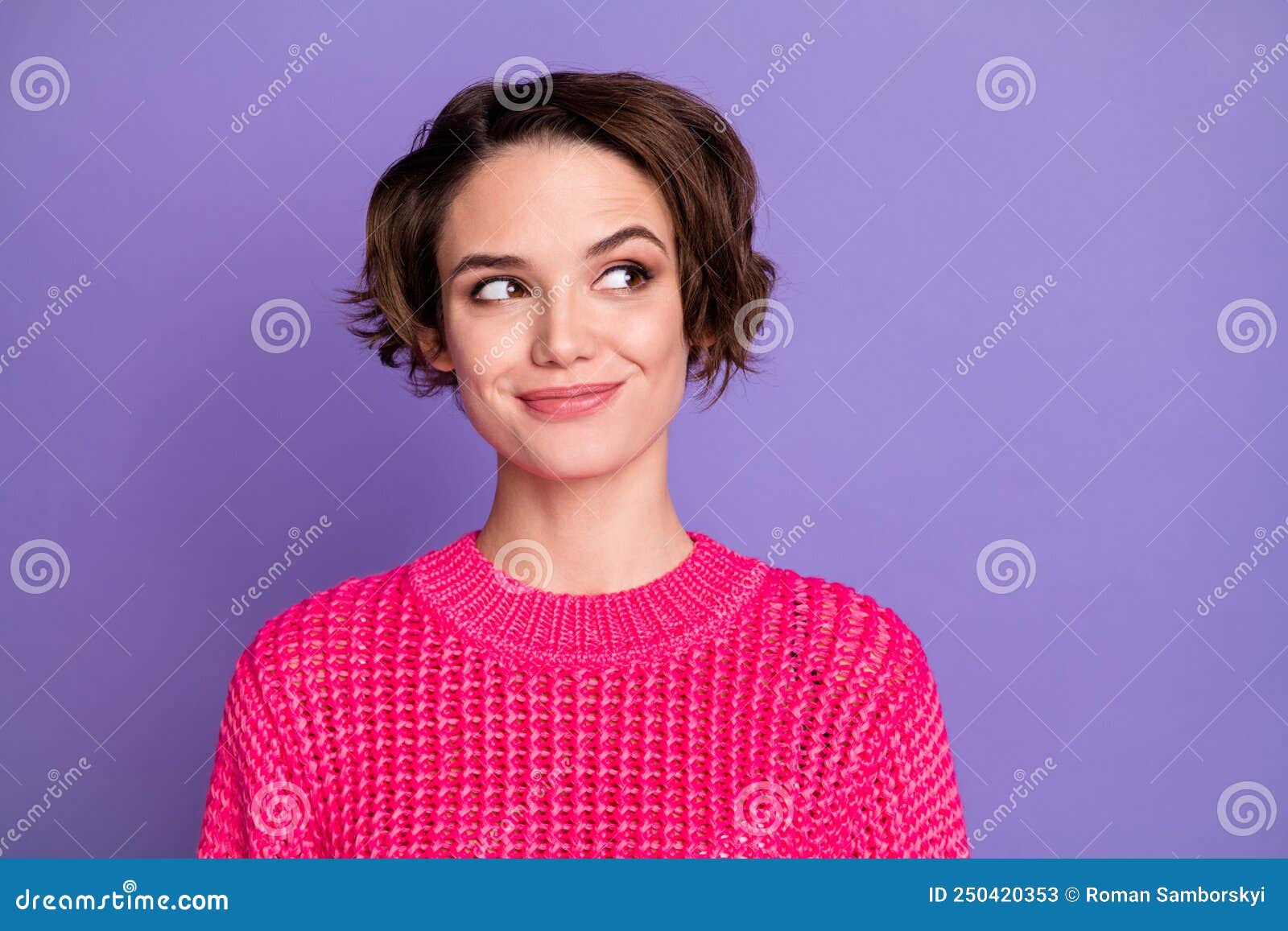 Portrait Of Optimistic Cute Girl Look Empty Space Wear Pink Sweater