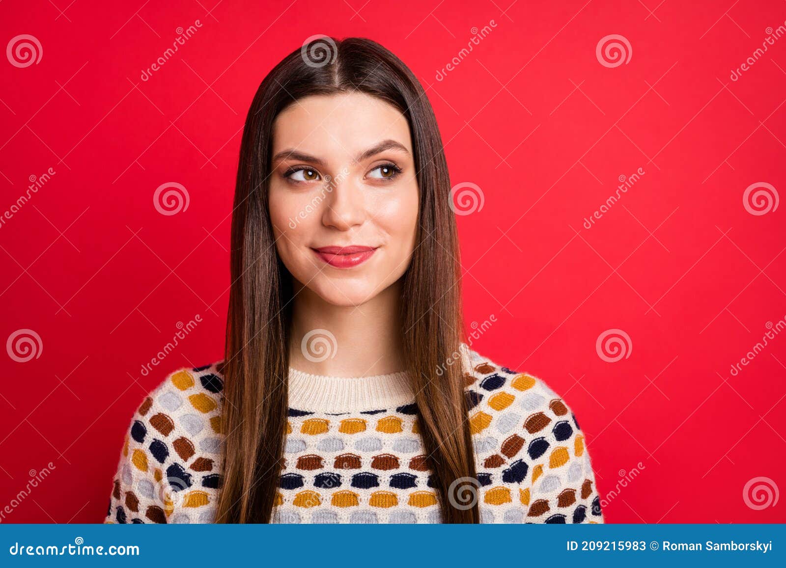 Portrait Of Optimistic Girl Look Empty Space Wear Light Sweater