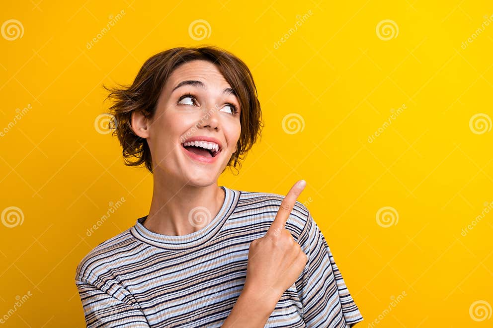 Portrait Of Optimistic Girl With Short Hairstyle Wear Grey T Shirt