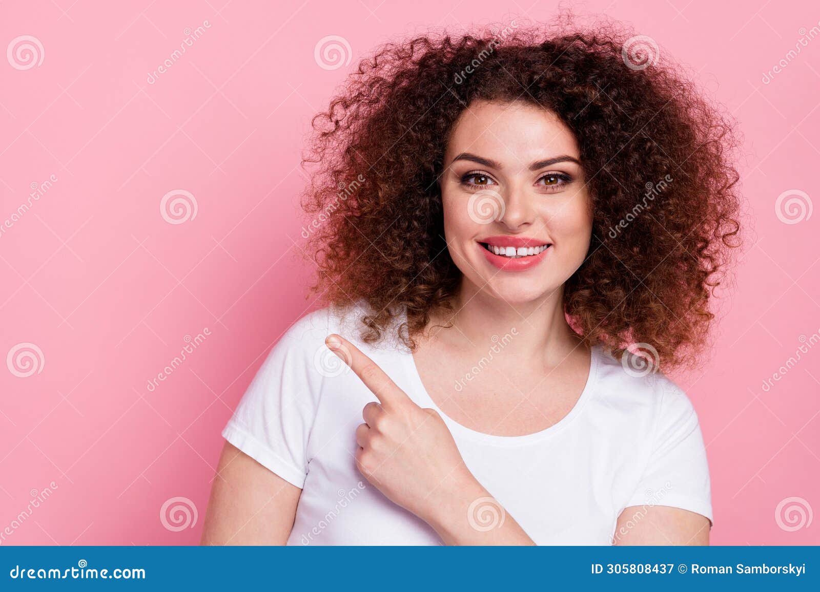 Portrait Of Optimistic Girl With Wavy Hairstyle Wear White T Shirt
