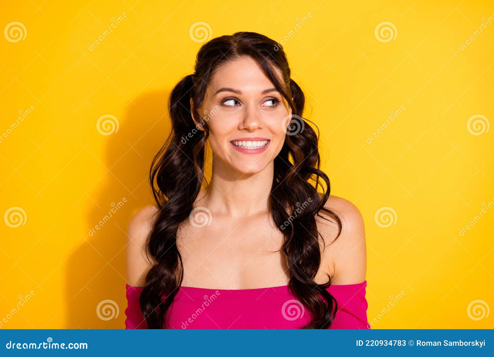 Portrait Of Optimistic Lovely Brunette Lady Look Empty Space Wear Pink