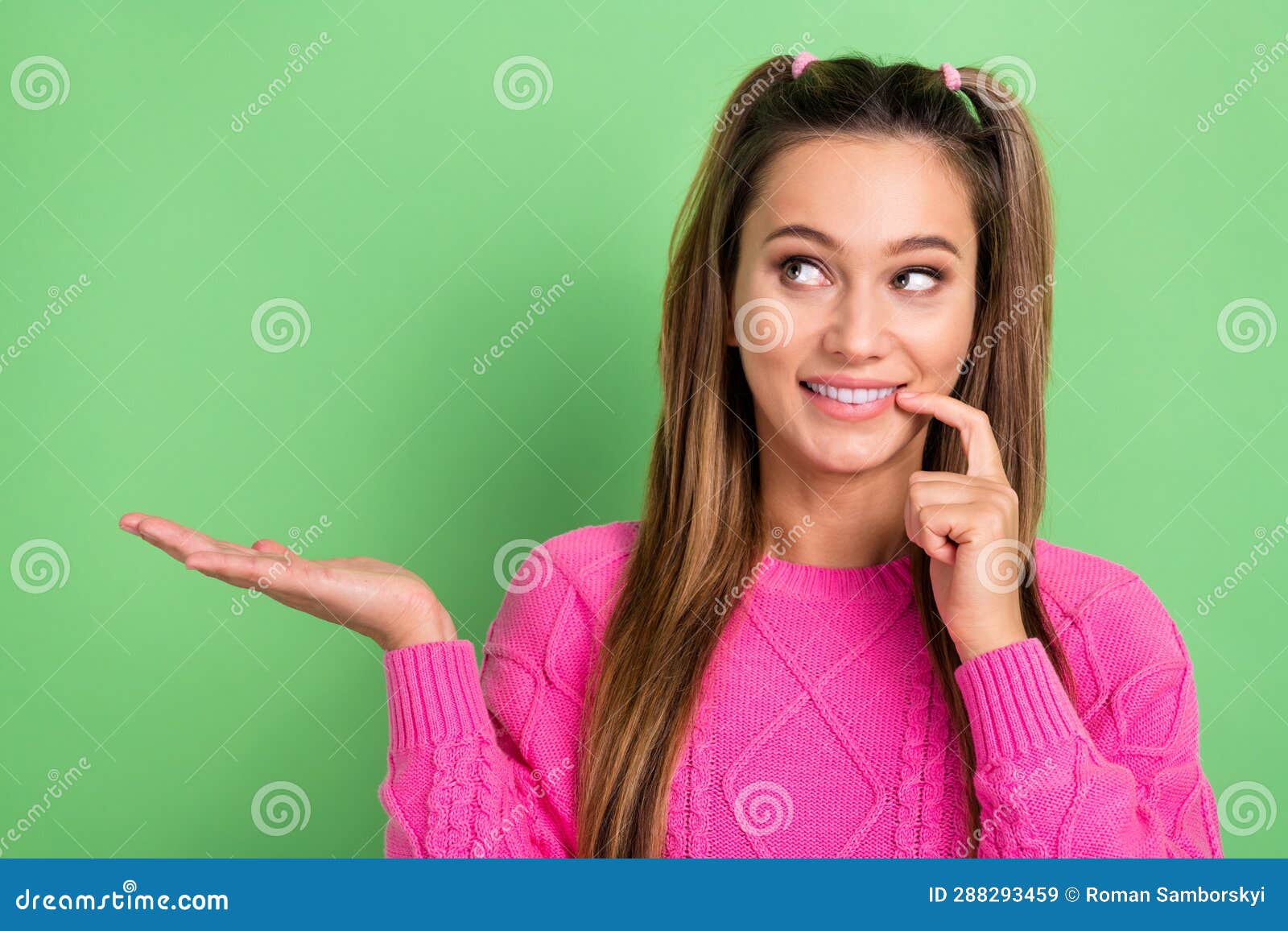 Portrait Of Optimistic Minded Nice Girl Wear Knit Pullover Palm