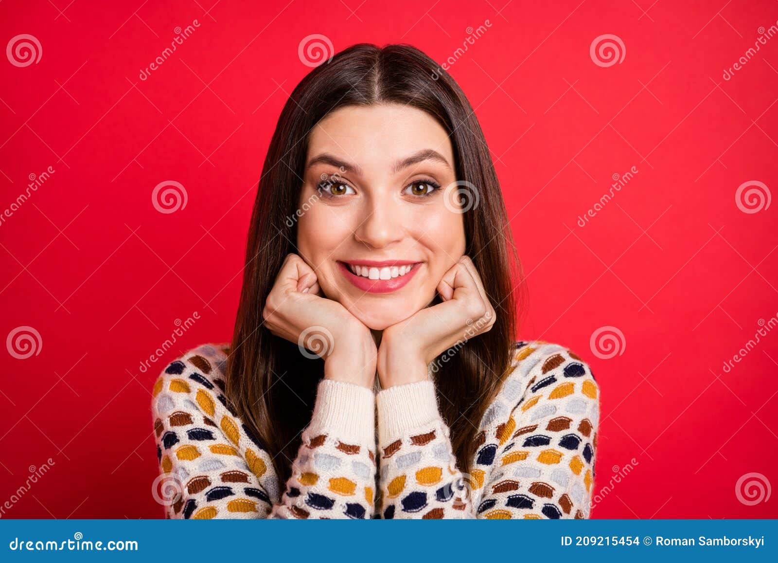 Portrait Of Optimistic Nice Girl Hands Face Wear Colorful Sweater