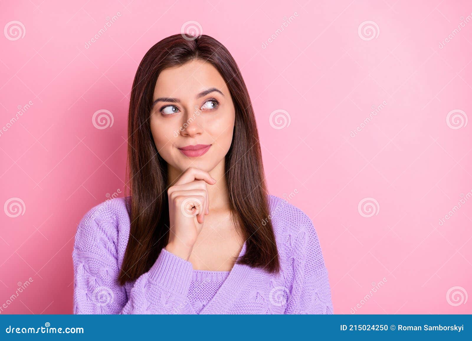 Portrait Of Optimistic Nice Girl Look Empty Space Wear Lilac Sweater