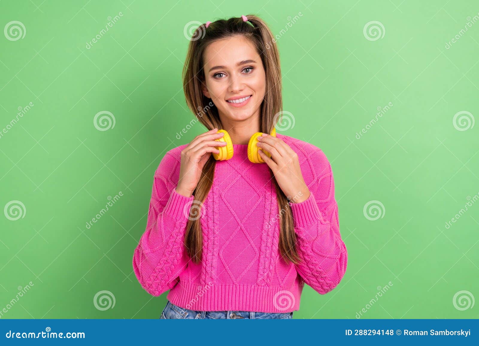 Portrait Of Optimistic Positive Girl With Stylish Hairdo Wear Knit