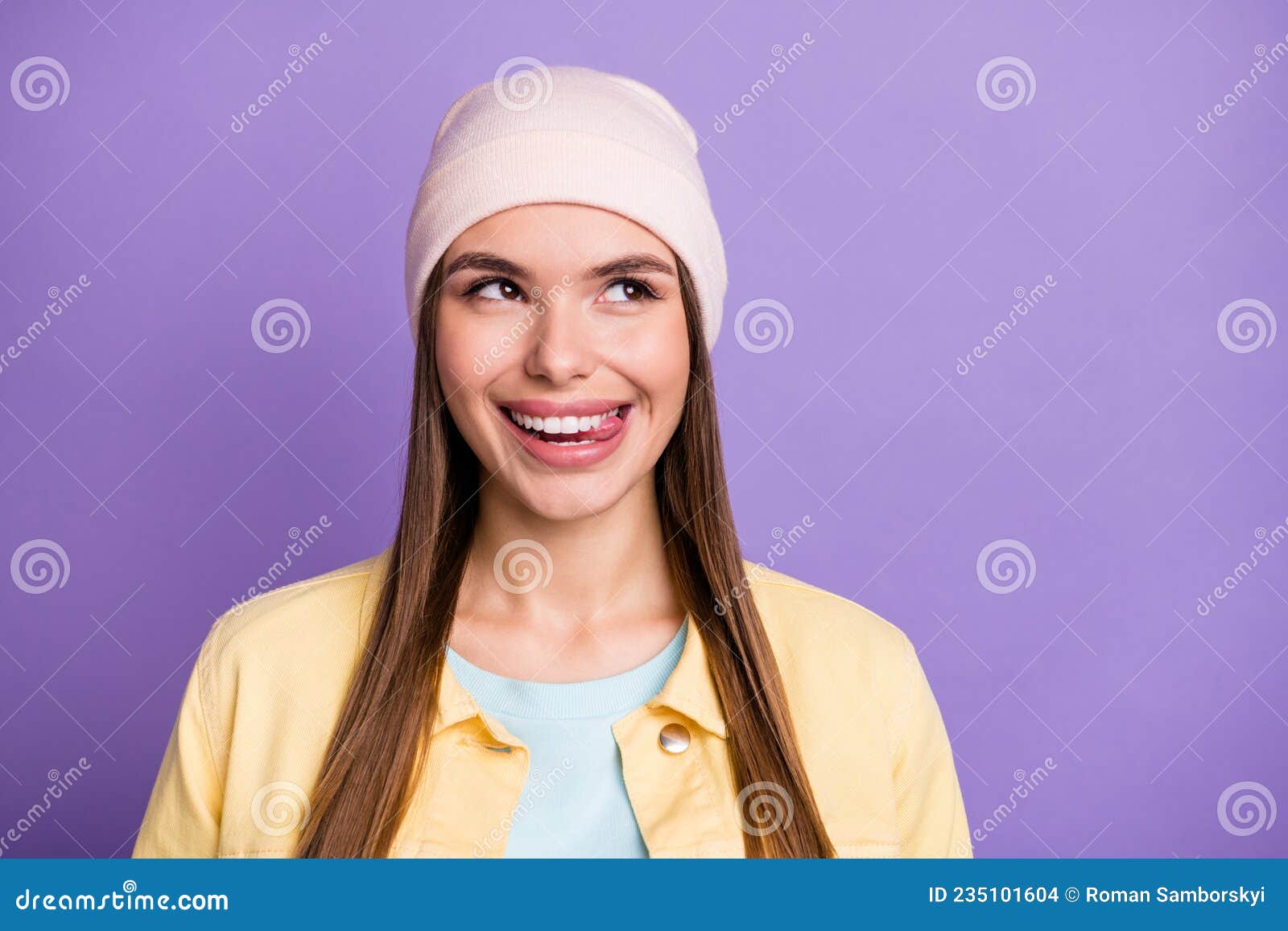 Portrait Of Optimistic Straight Hairdo Girl Tongue Out Look Empty Space