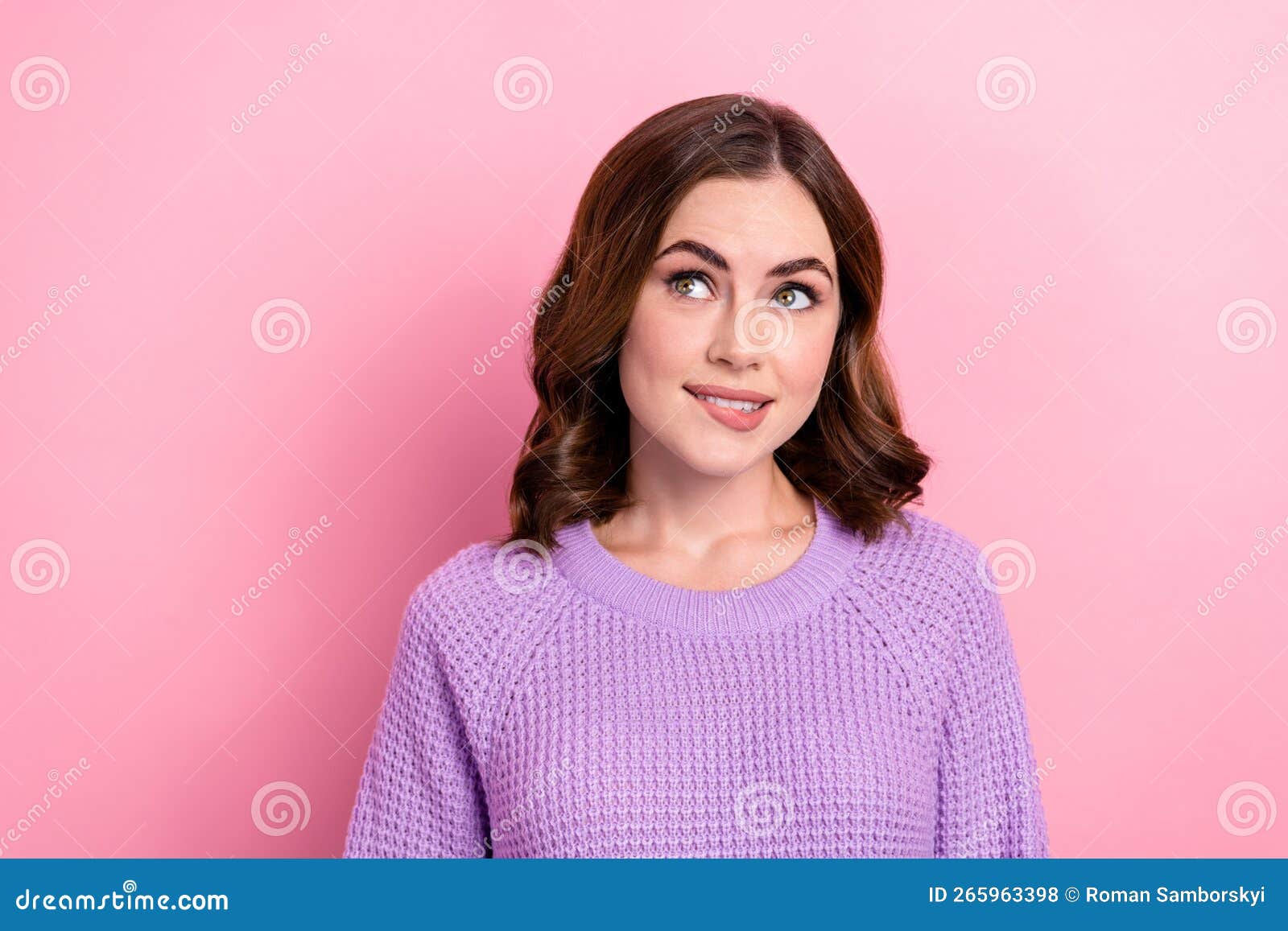 Portrait Of Optimistic Thoughtful Girl Curly Hairdo Wear Violet
