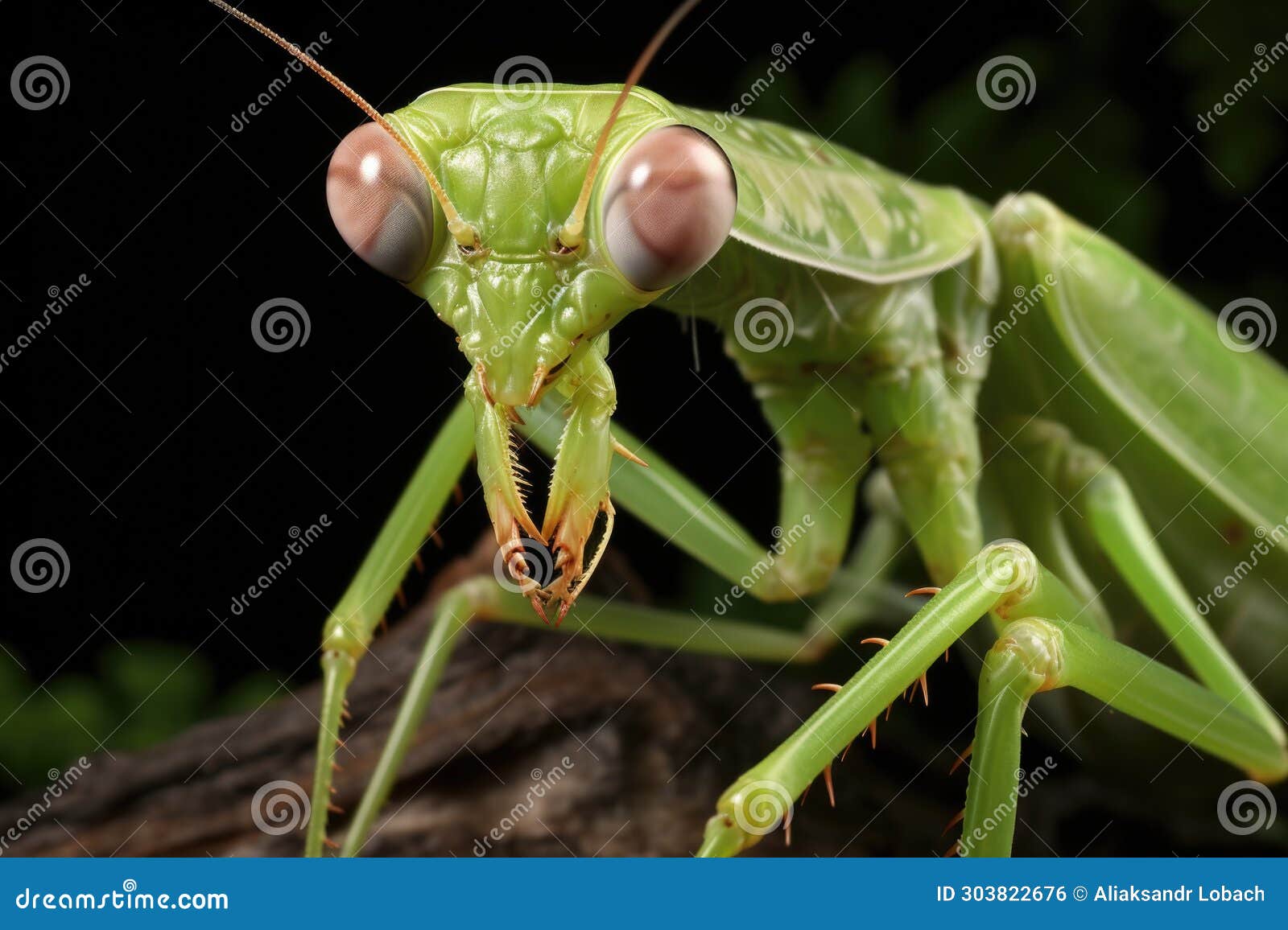 Portrait of an Ordinary Green Mantis on a Black Background Stock ...